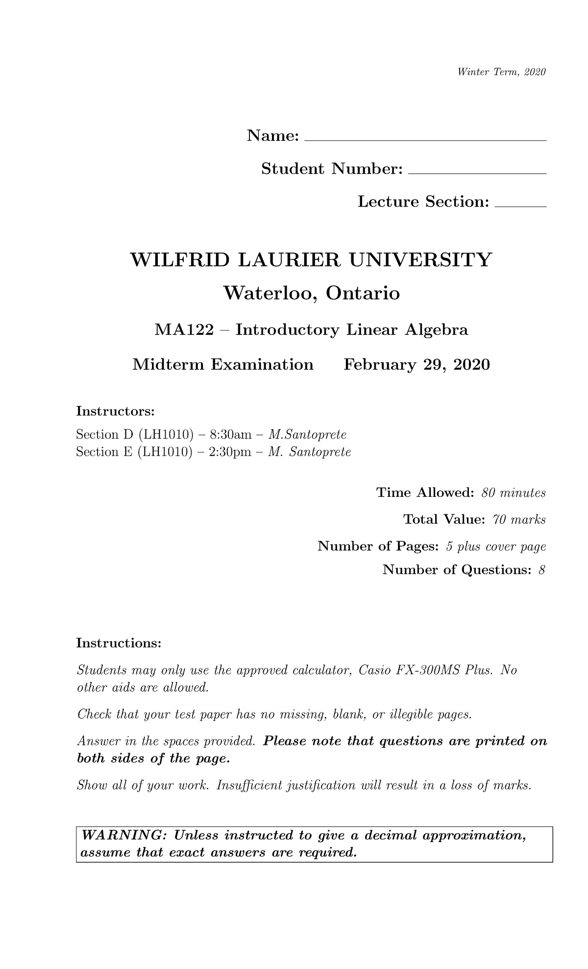 MA122 Introductory Linear Algebra Midterm Examination - Studocu