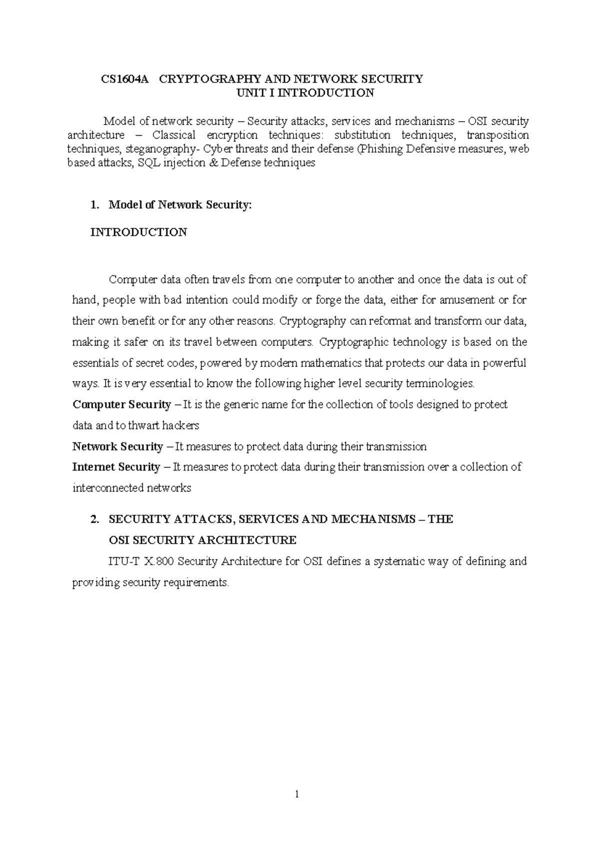 Cns U1 Computer Network Security Notes Cs1604a Cryptography And Network Security Unit I