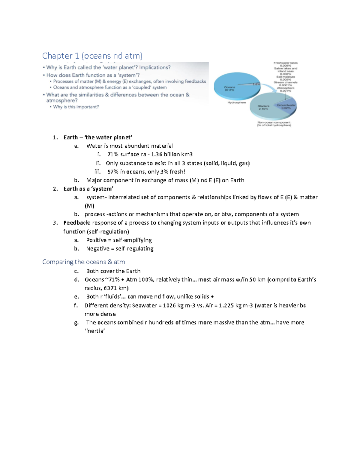 Geog 3 final Studyguide - Chapter 1 (oceans nd atm) Earth – ‘the water ...
