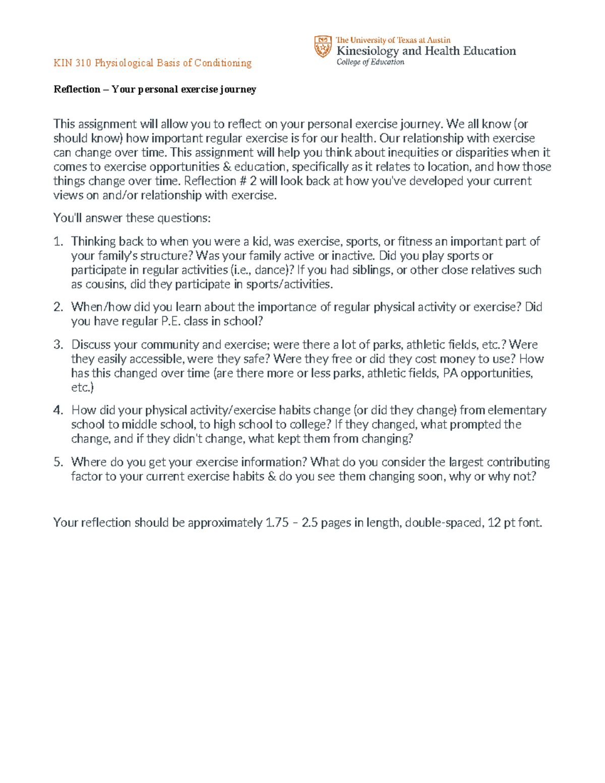 Reflection 2 - Your Exercise Journey - KIN 310 Physiological Basis of ...