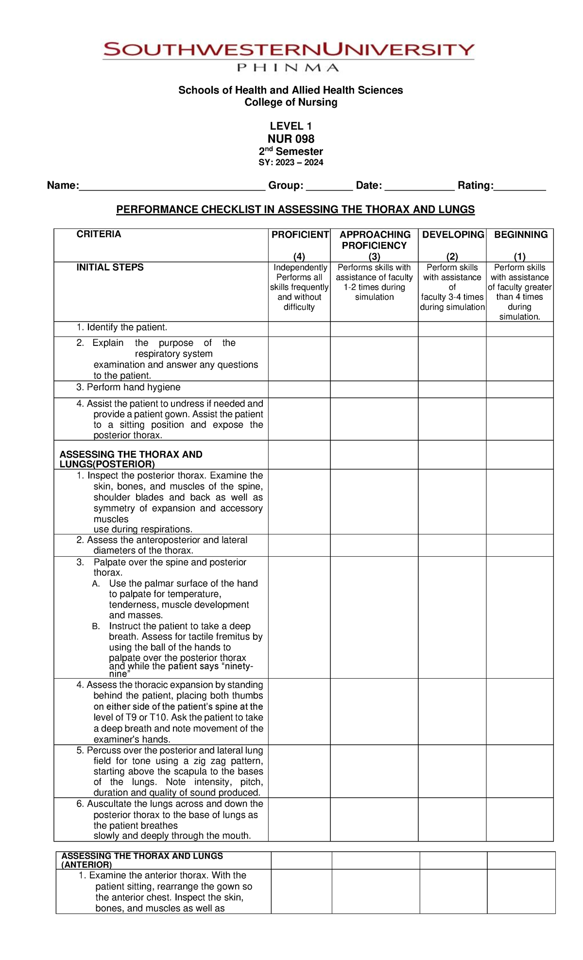 Performance Checklist In Assessing The Thorax and Lungs - Schools of ...