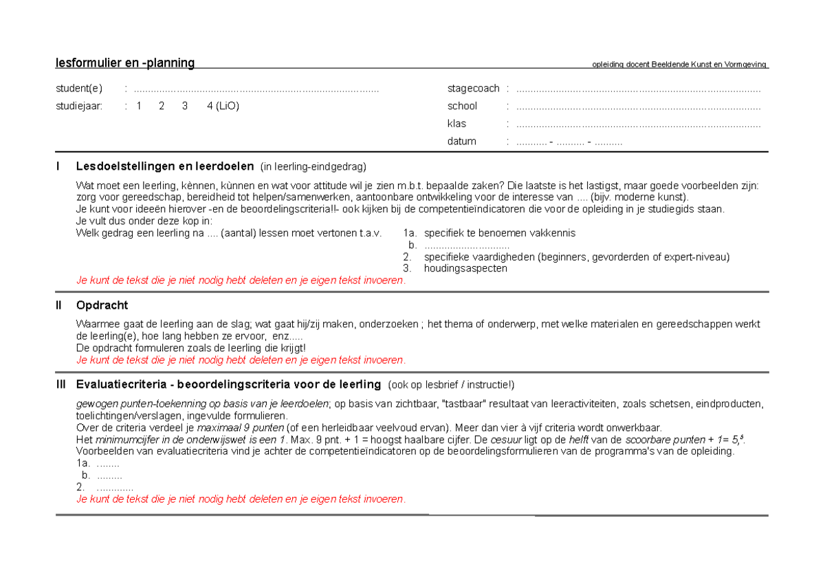 Lesplanningsformat leeg+uitleg - lesformulier en -planning opleiding ...