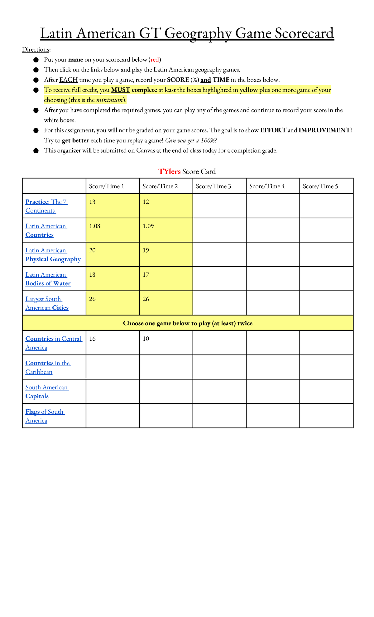 Copy of Latin America Geography Game Scorecard GT - Latin American GT ...