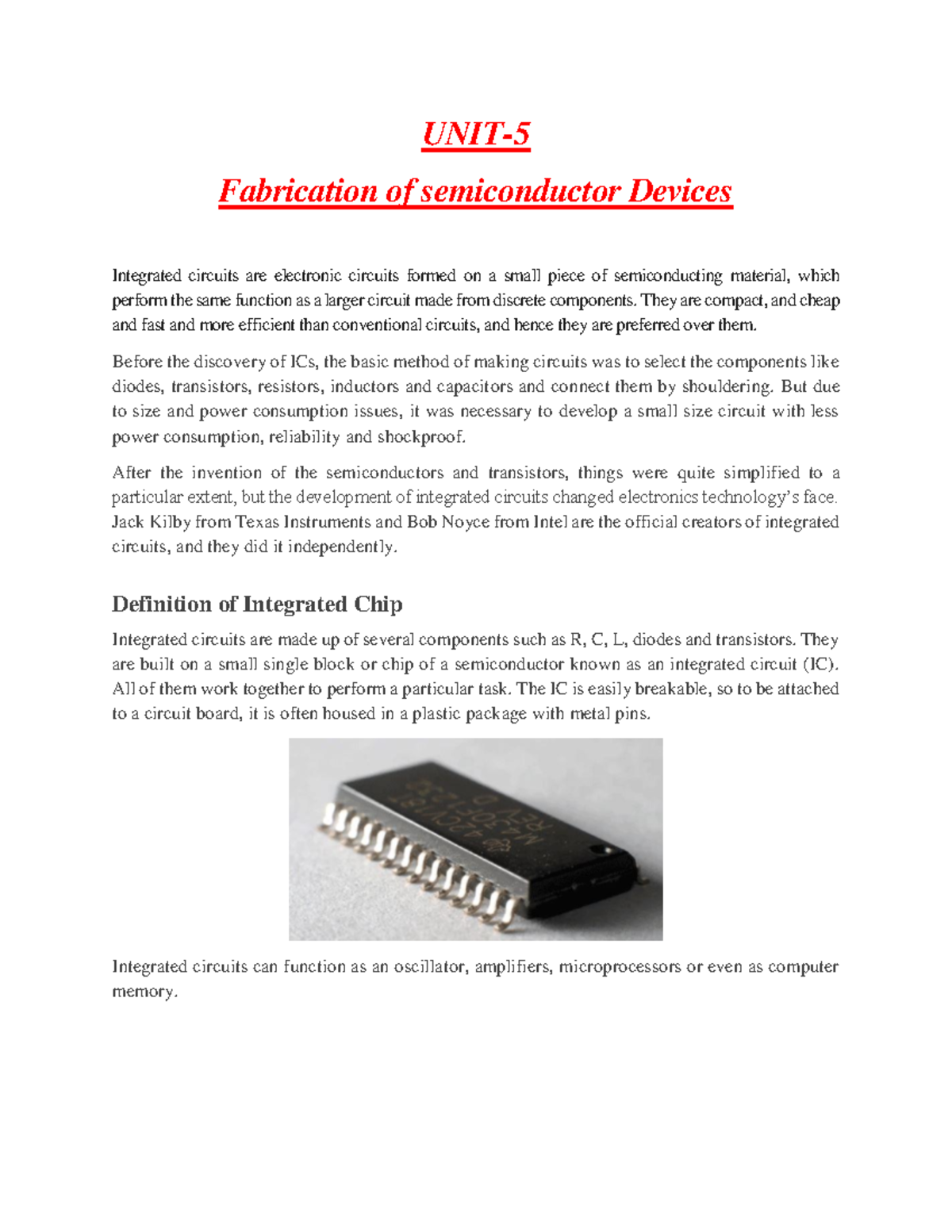 Ssd unit 5 - Ssd notes - UNIT- 5 Fabrication of semiconductor Devices ...