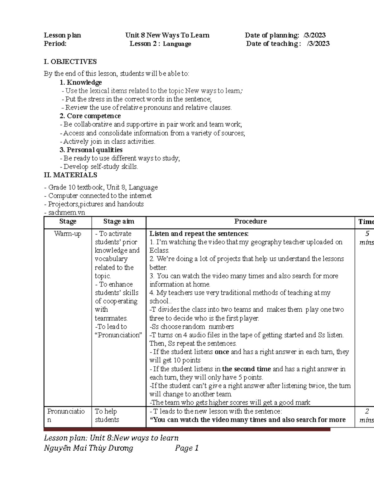 Lesson plan Unit 8 language - Lesson plan Unit 8 New Ways To Learn Date ...