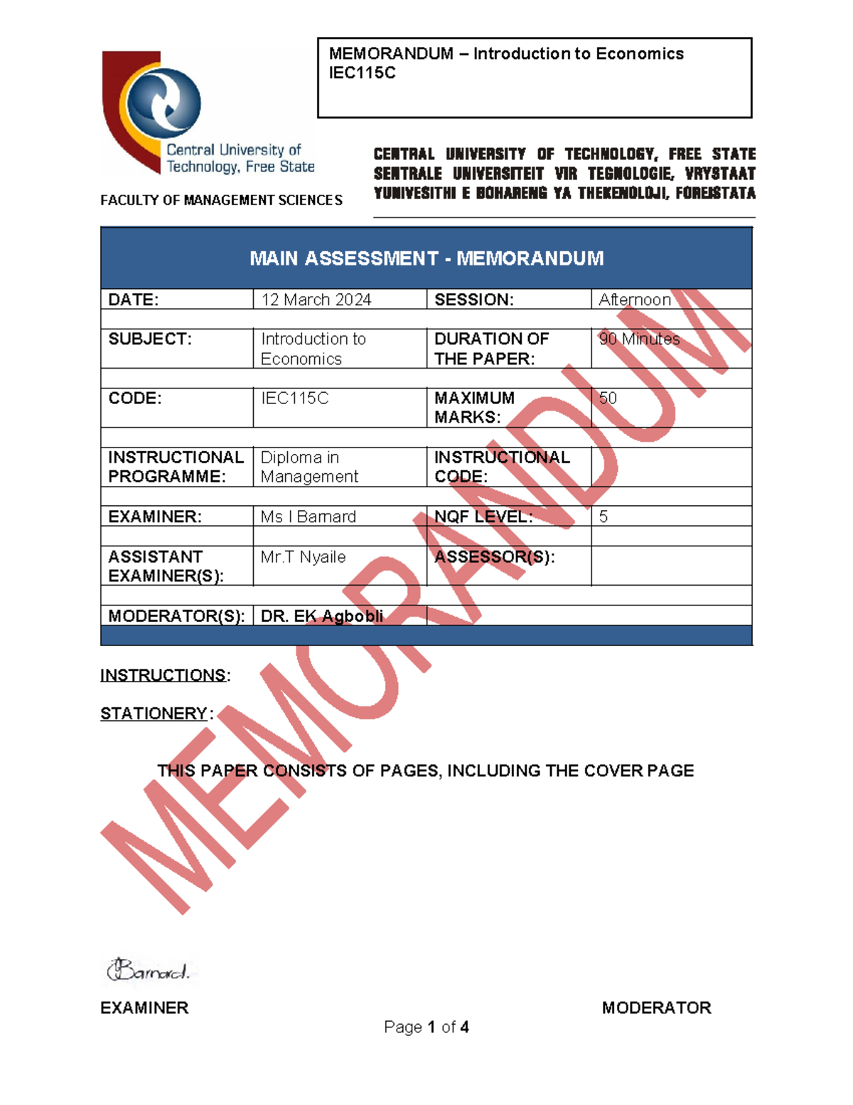 CUT IEC Test 1 Memo March 2024 - IEC115C FACULTY OF MANAGEMENT SCIENCES ...