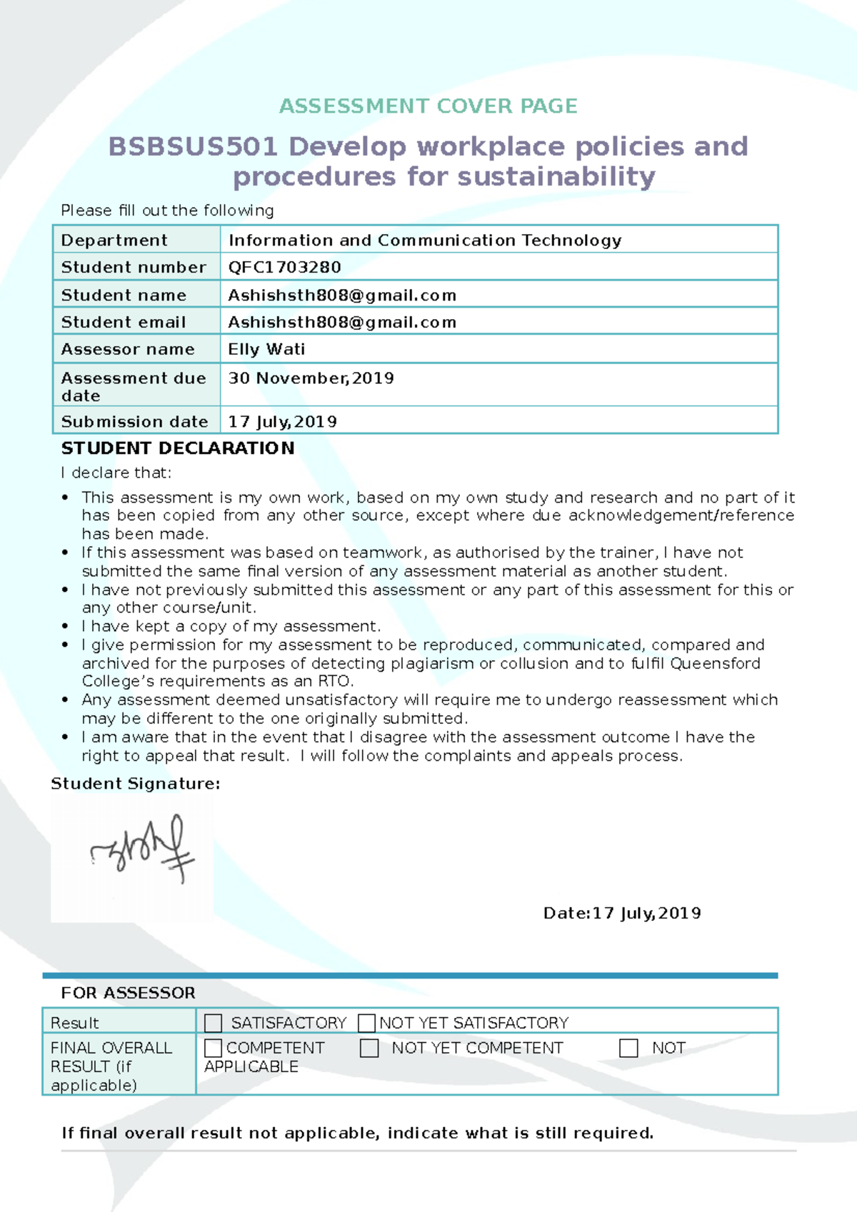 Bsbsus 501 QFC1703280 Ashish Shrestha Submission 2 - ASSESSMENT COVER ...