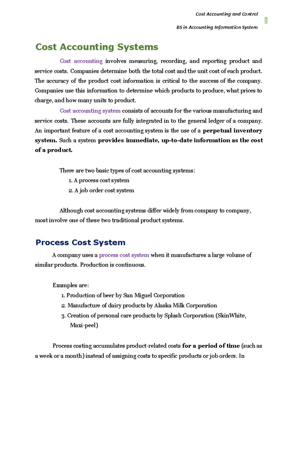 Cost Accounting Systems - Cost Accounting and Control 1 BS in ...