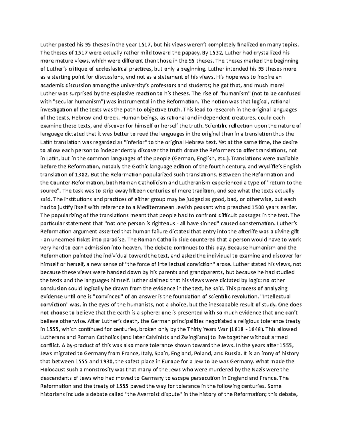 A1 - Humanities notes - Luther posted his 95 theses in the year 1517 ...