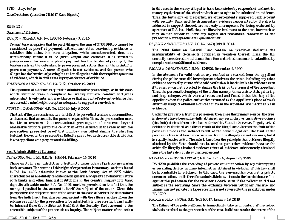 Evidence Doctrines - EVID – Atty. Señga Case Doctrines (based on 3B1617 Case Digests) RULE 128 ...
