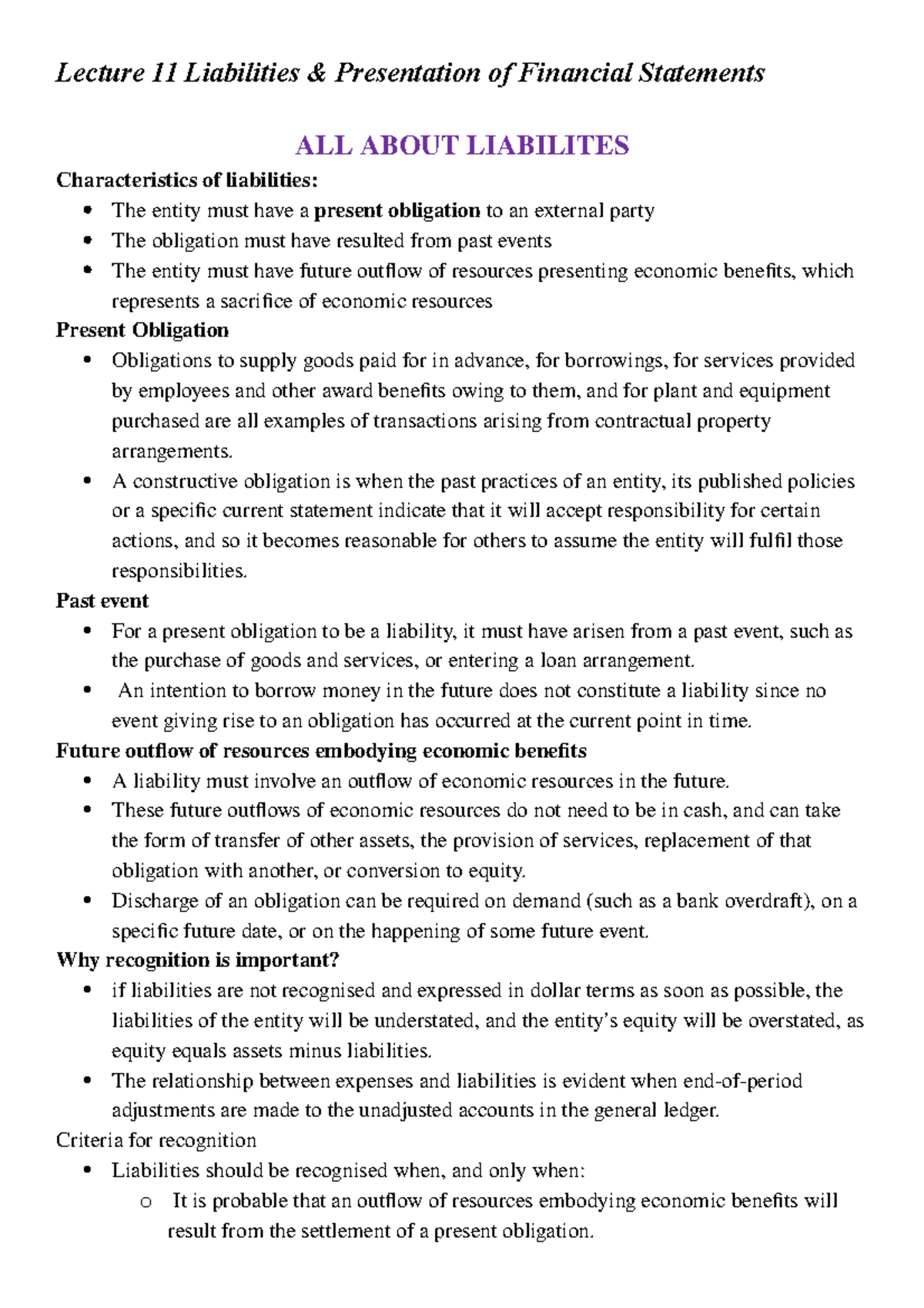 Lecture 11 - Lecture 11 Liabilities & Presentation of Financial ...