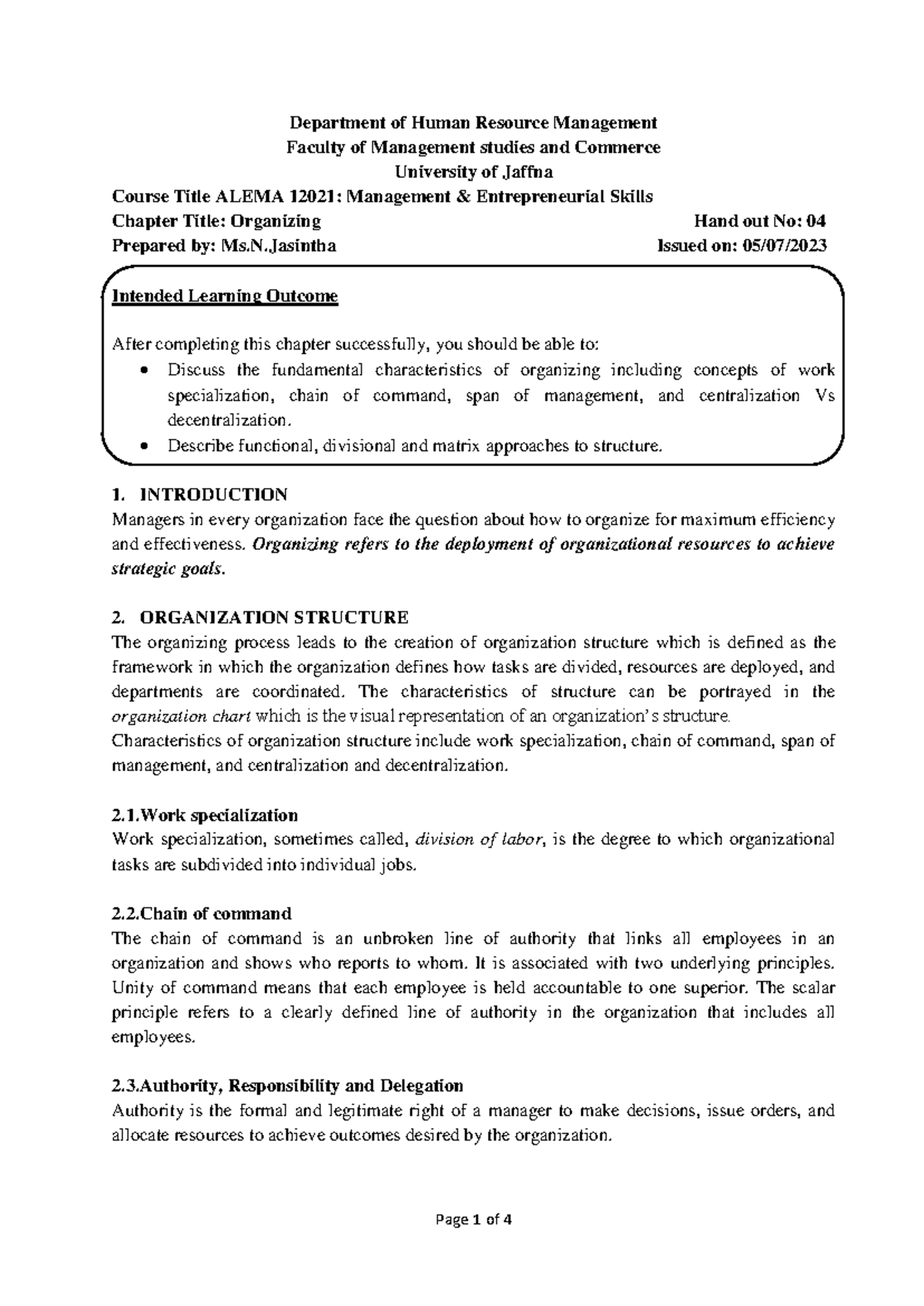 Handout-04 Organizing PDF - Department of Human Resource Management ...