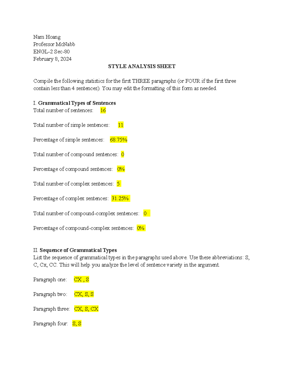 Style Analysis Sheet - notes - Nam Hoang Professor McNabb ENGL-2 Sec ...