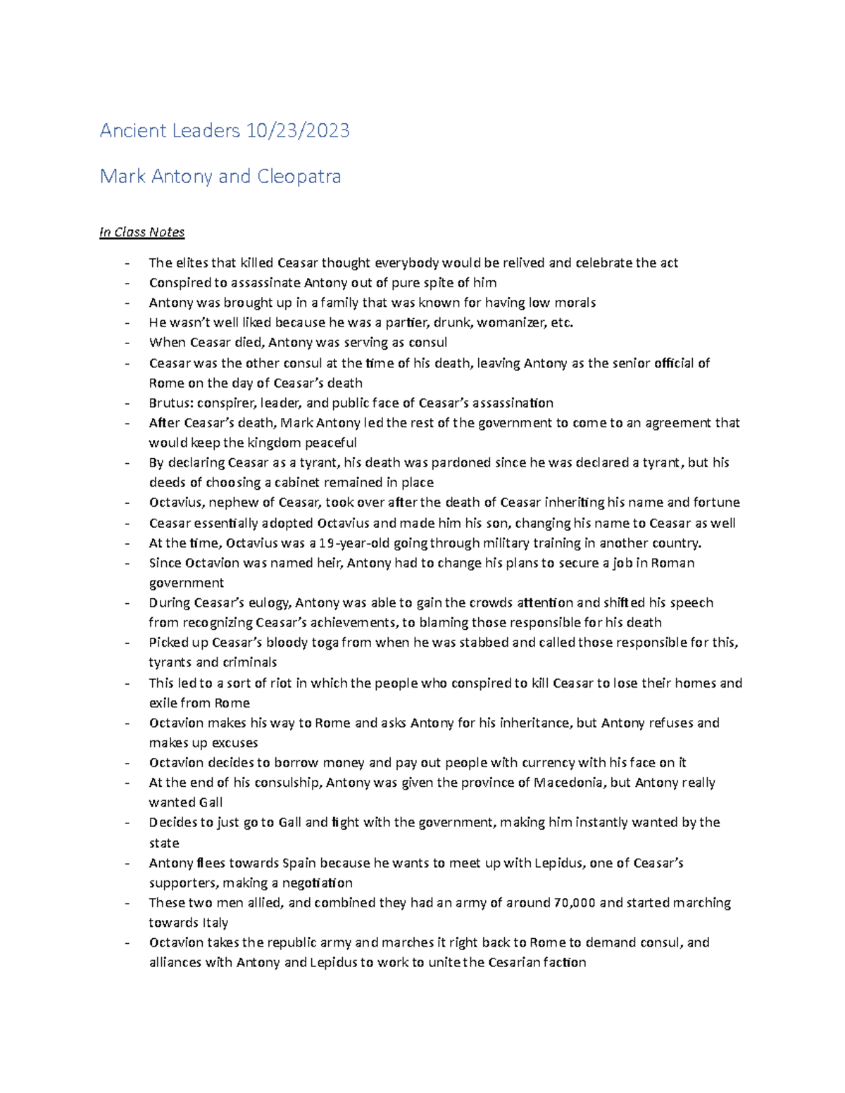 Antony and Cleopatra Discussion 5 - Ancient Leaders 10/23/ Mark Antony ...