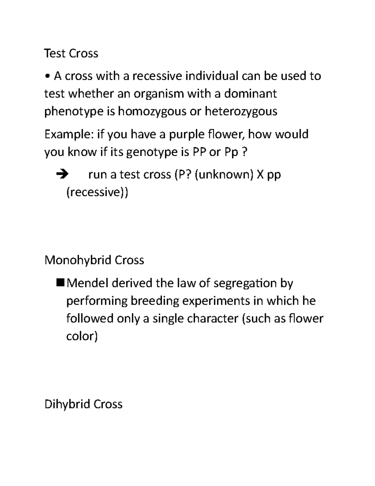 Test Cross pt 1 - Test Cross A cross with a recessive individual can be ...