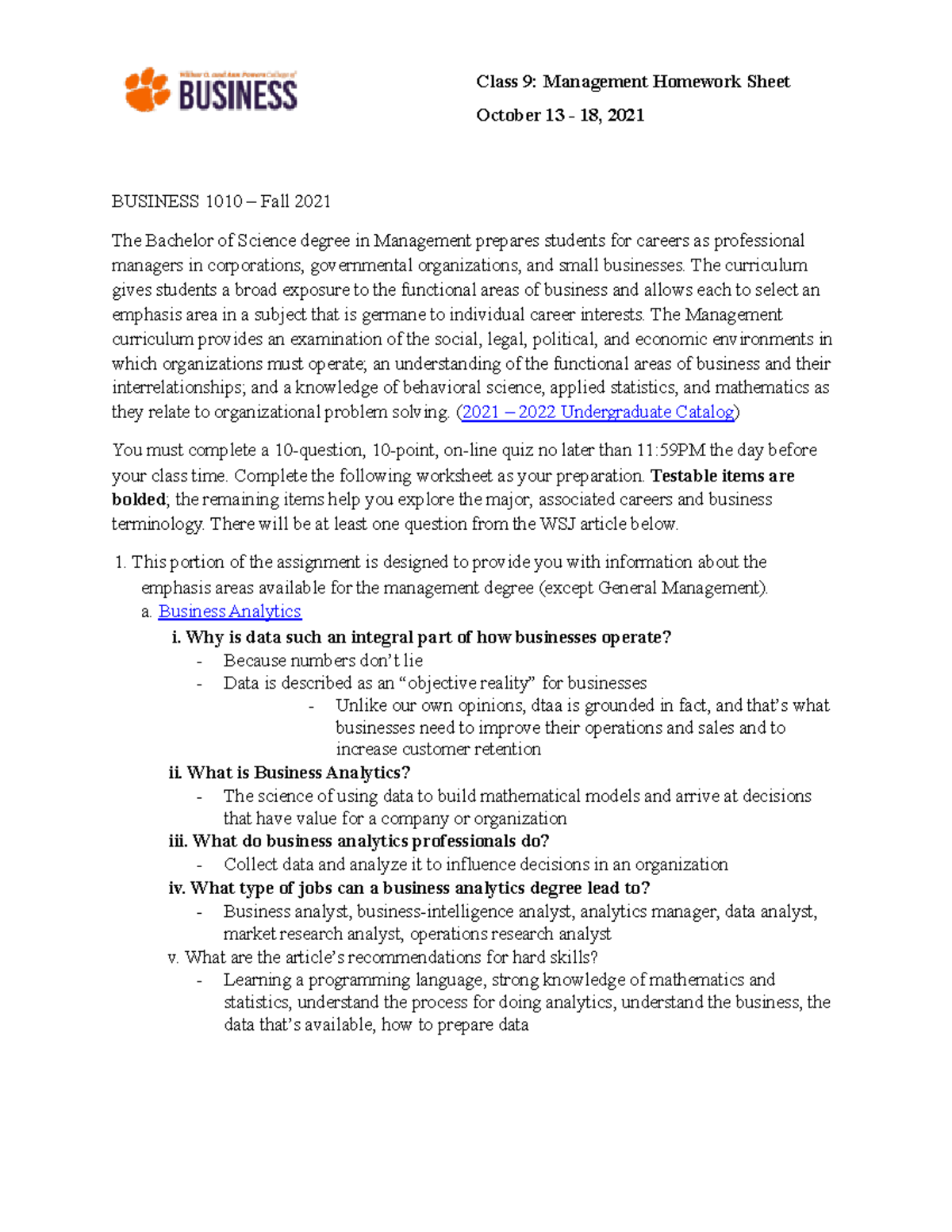 Week 9 Homework Sheet - BUSINESS 1010 – Fall 2021 Class 9: Management Homework Sheet October 13 ...