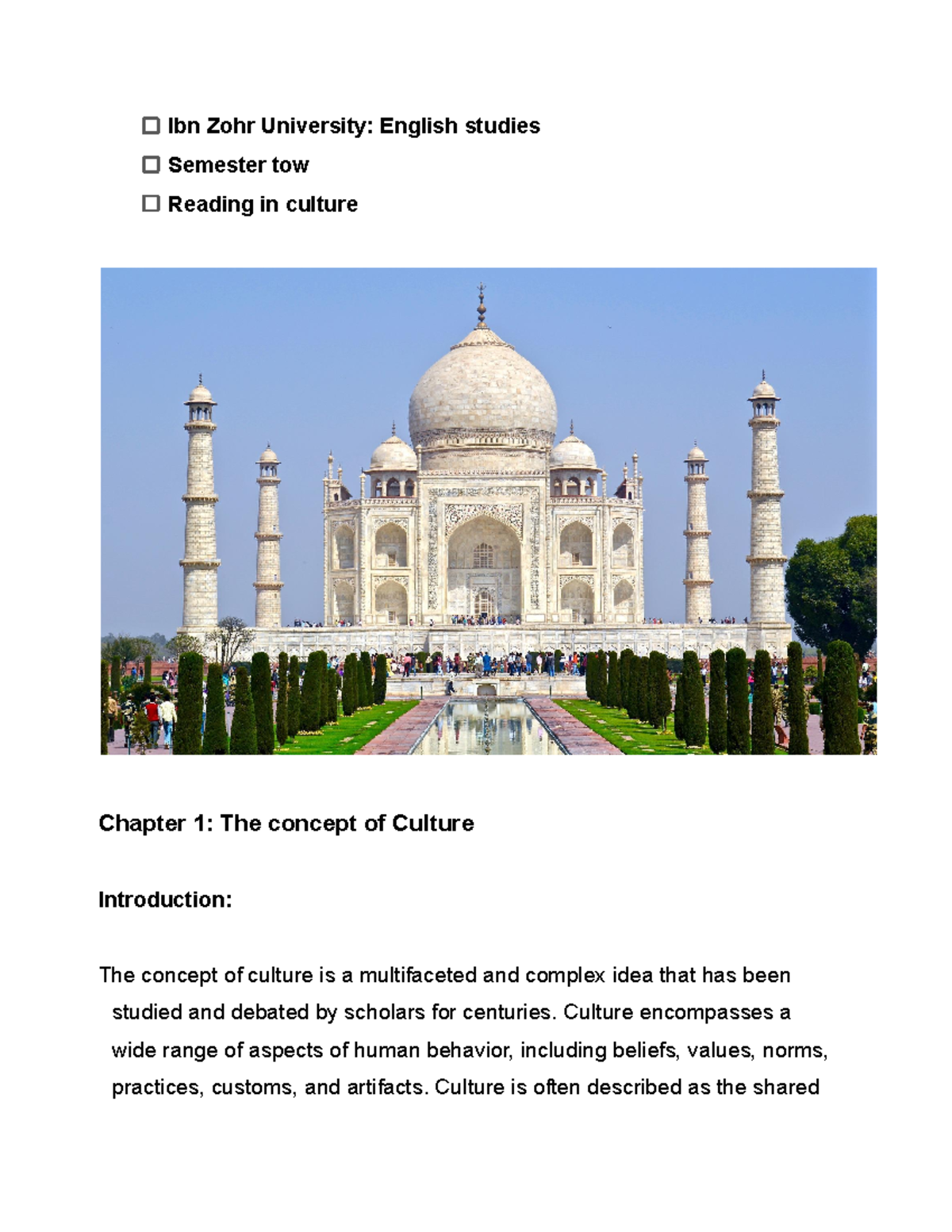 Reading in culture summary - Ibn Zohr University: English studies ...