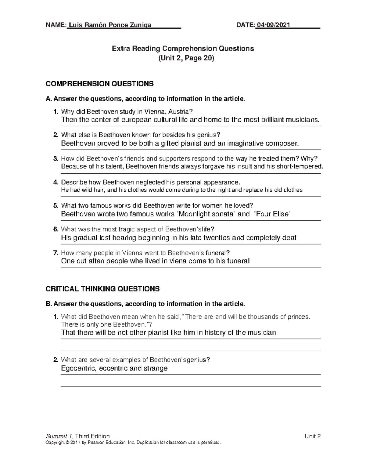 U2 L3 Extra Reading Comprehension Beethoven - NAME: Luis Ramón Ponce ...