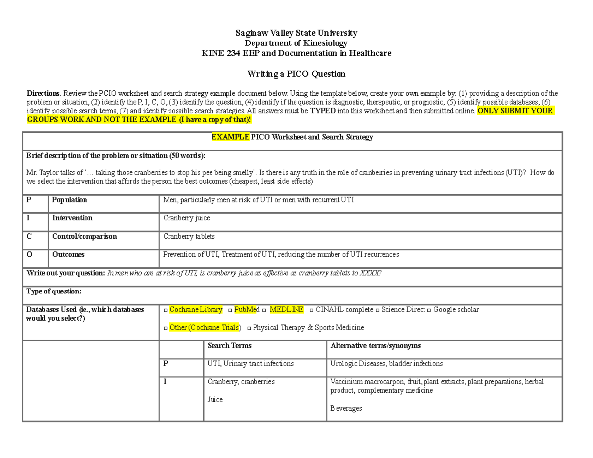 KINE234-Chapter 2-Writing a PICO Question - Saginaw Valley State ...