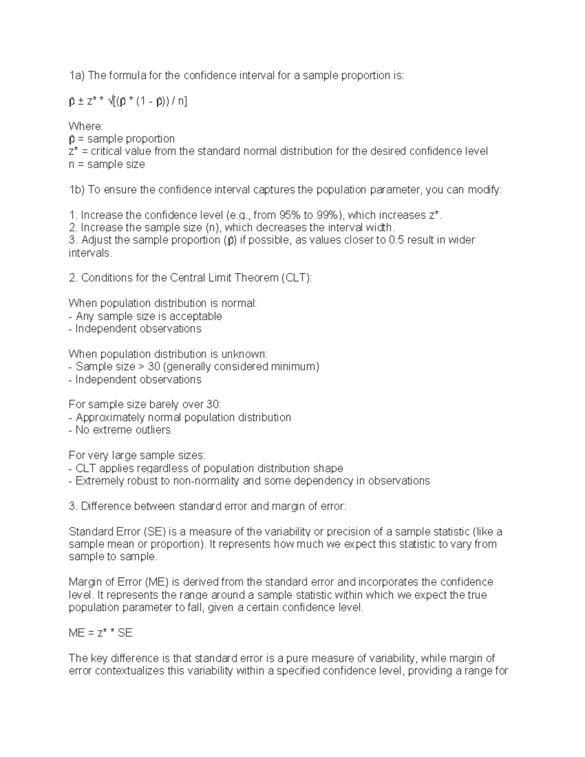 MATH 1281 - Discussion Assignment Unit 1 - A3 - 1a) The formula for the confidence interval for ...