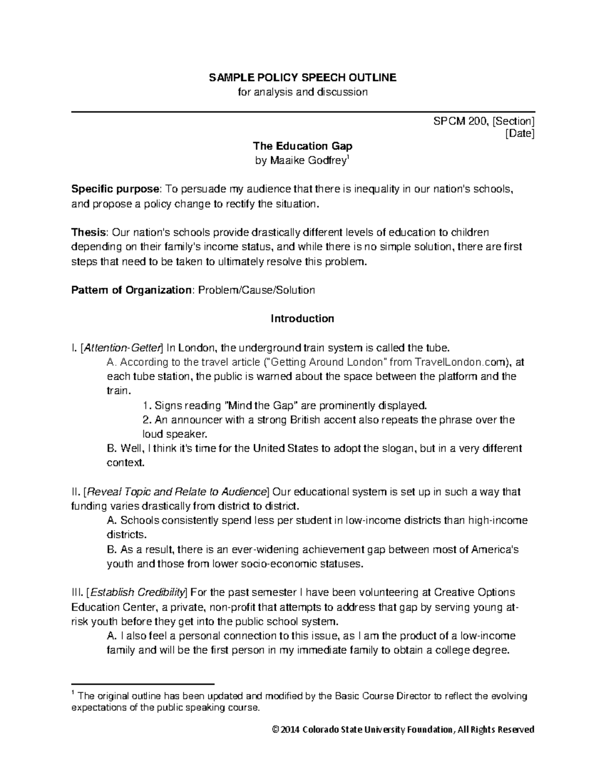 Sample Policy Speech Outline-Education Gap - SPCM 200 - CSU - Studocu