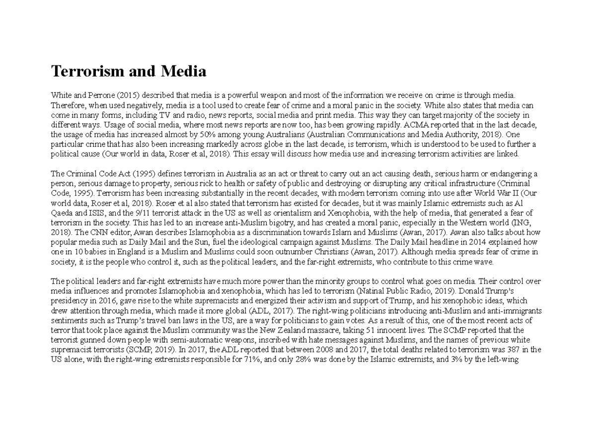 CRIM1103 Essay 1 - Grade: 50% - Terrorism and Media White and Perrone ...