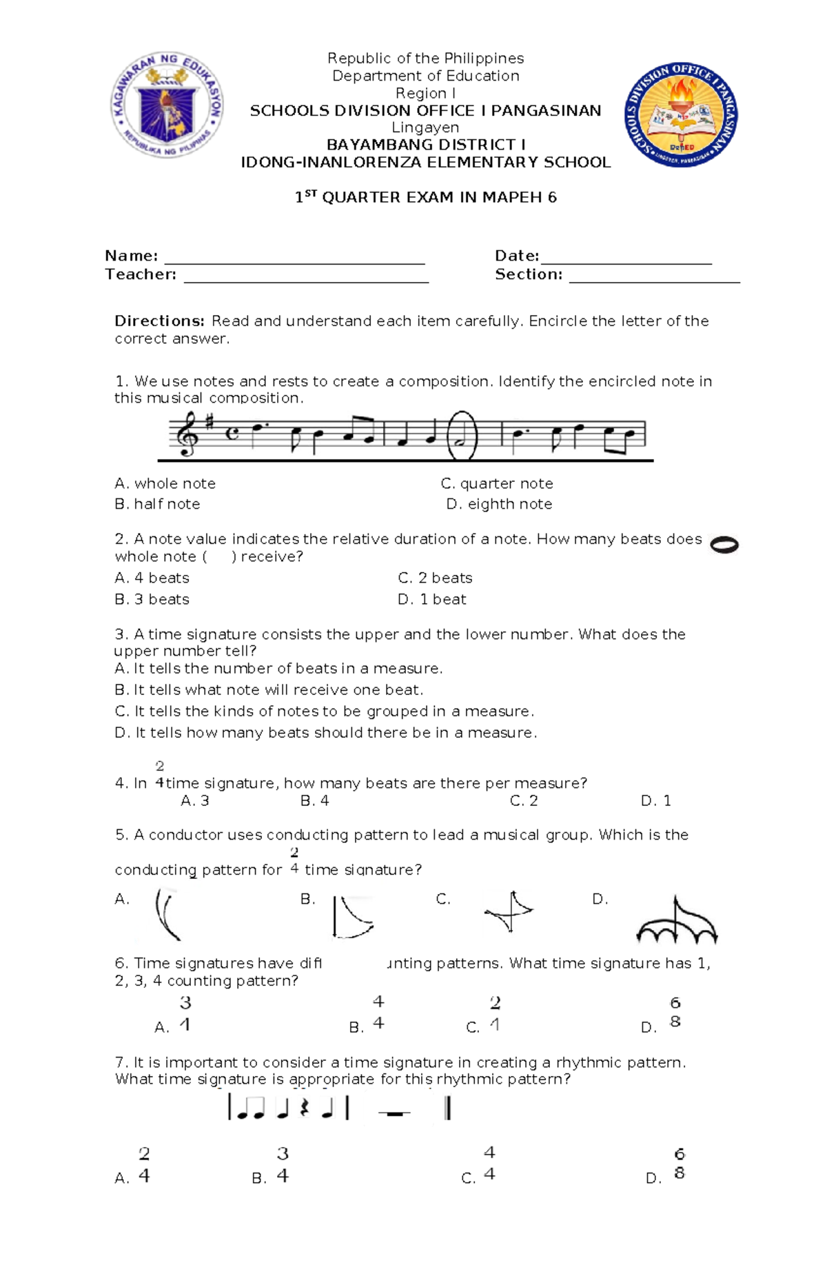 1ST Quarter Examination IN Mapeh 6 with TOS and KEY Answers - Republic ...