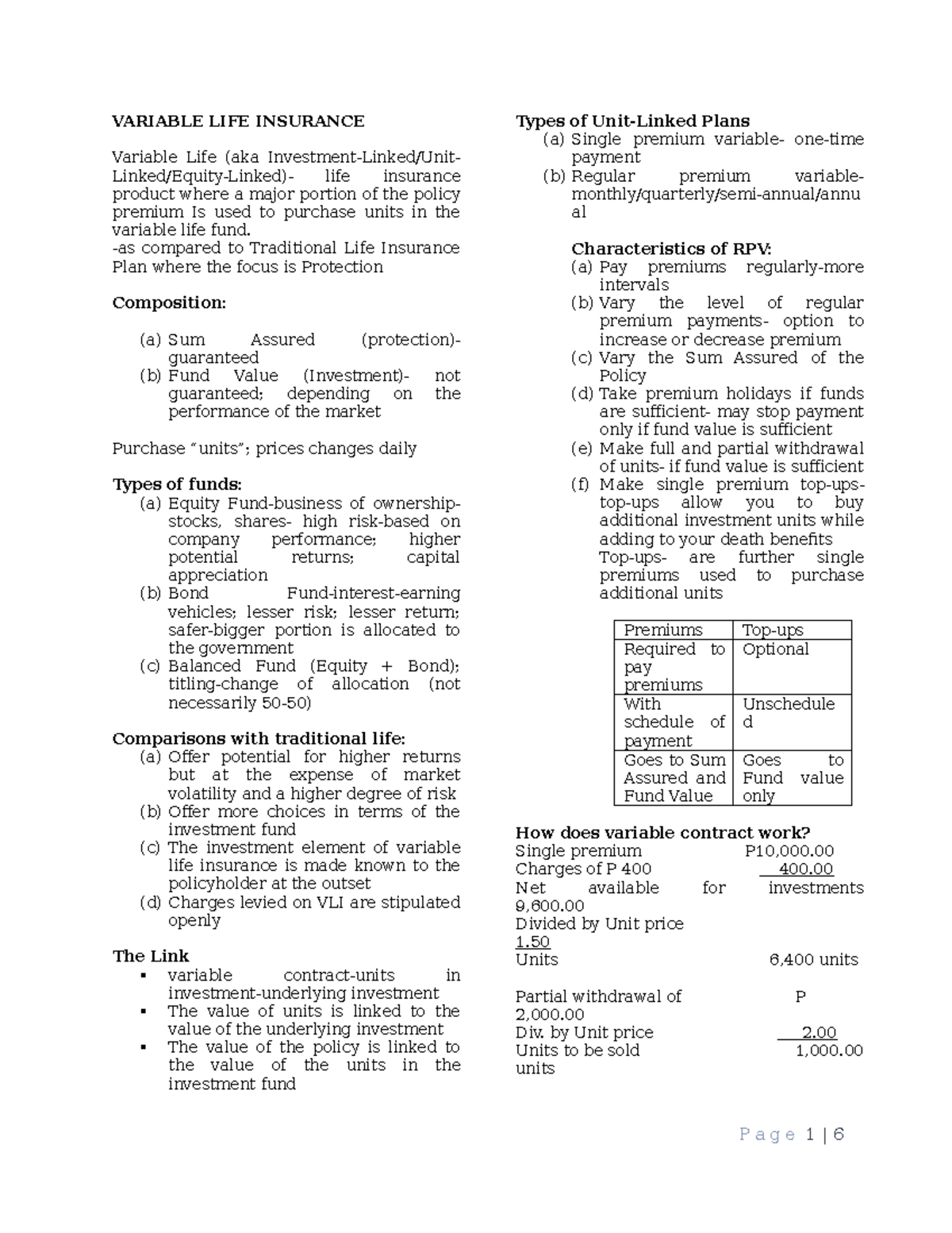 Variable Life Insurance Notes - VARIABLE LIFE INSURANCE Variable Life ...