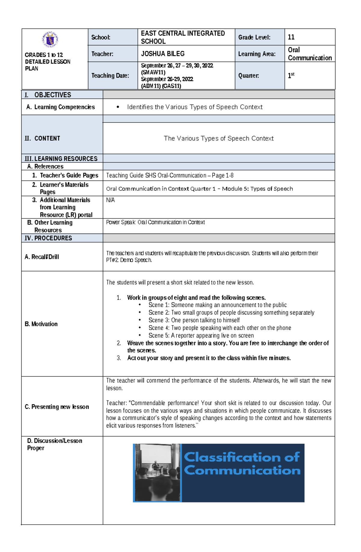 Detailed Lessson PLAN ORAL COM 5 - GRADES 1 to 12 DETAILED LESSON PLAN ...