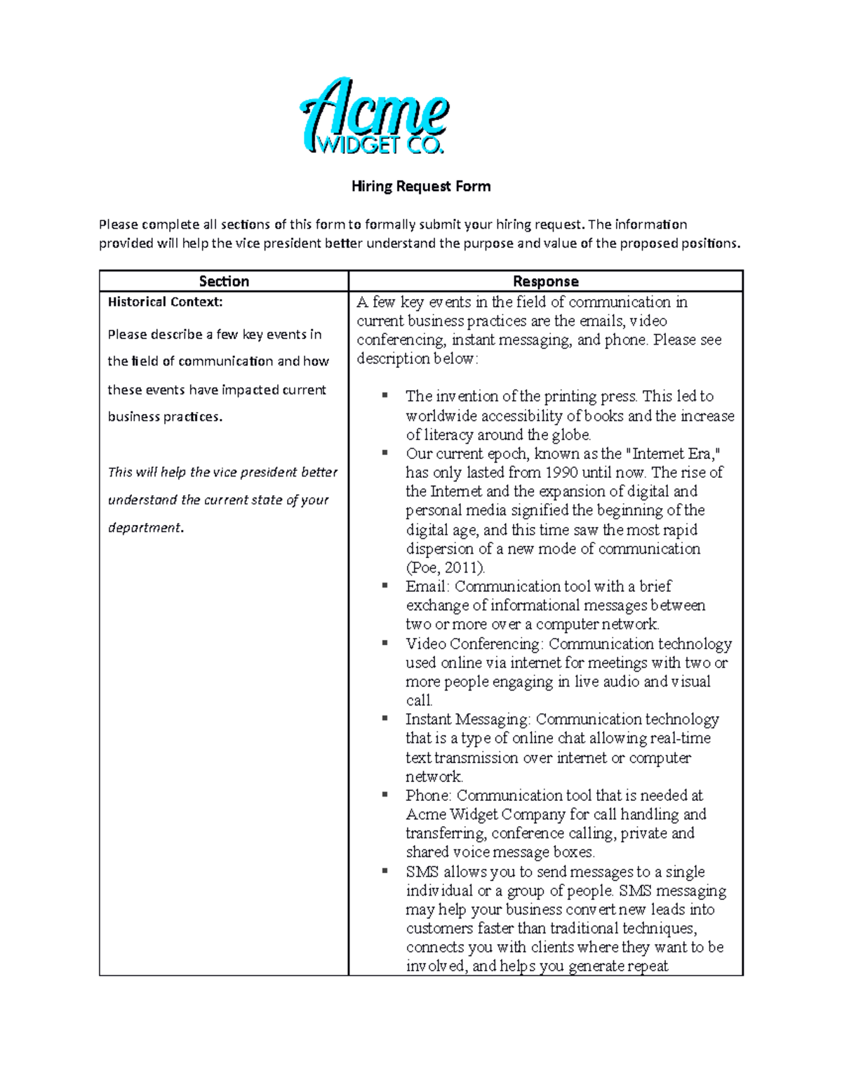 COM 127 Hiring Request Form-Final Project - Hiring Request Form Please ...