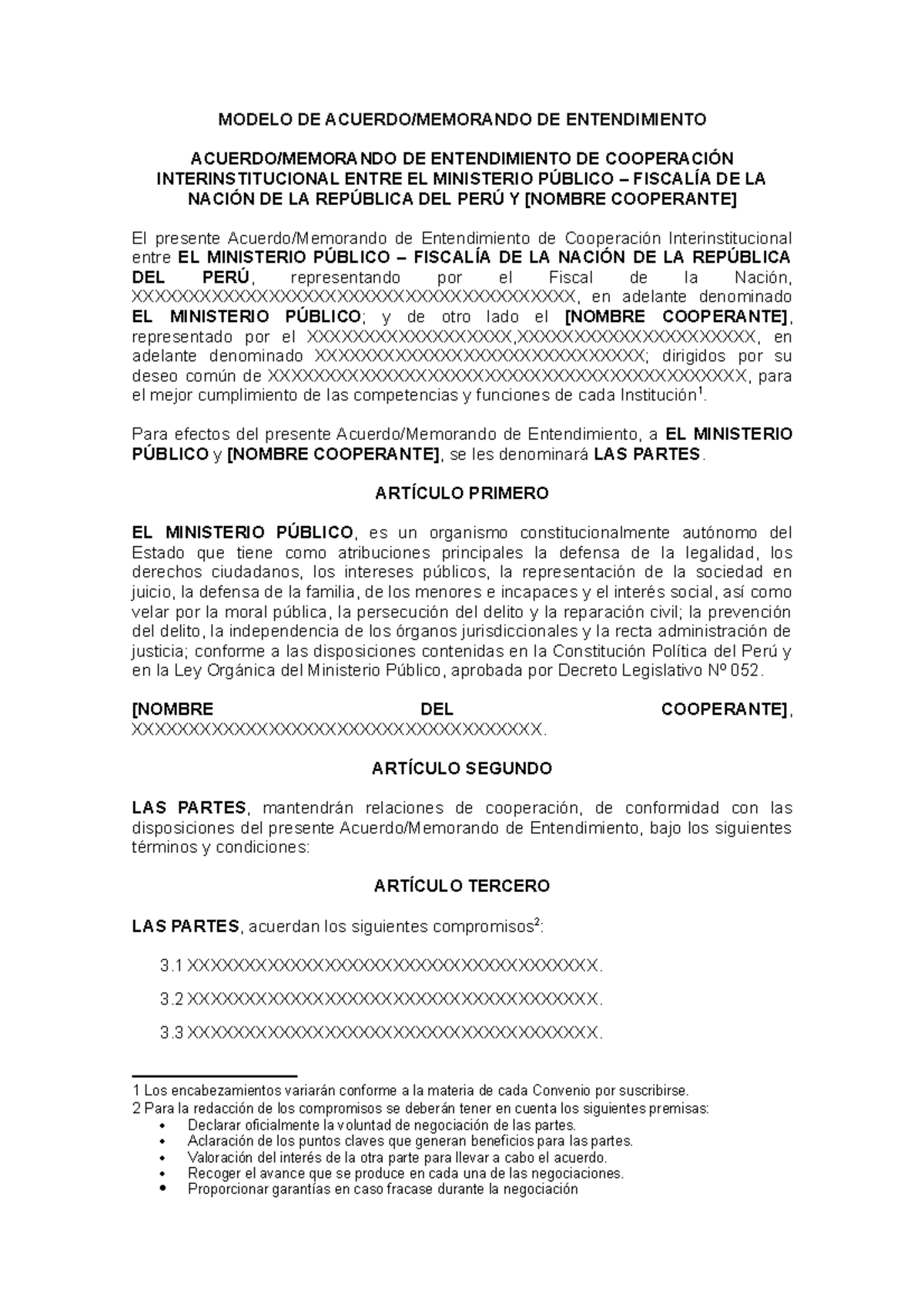 Plantilla DE Acuerdo- Memorando DE Entendimiento - MODELO DE ACUERDO ...