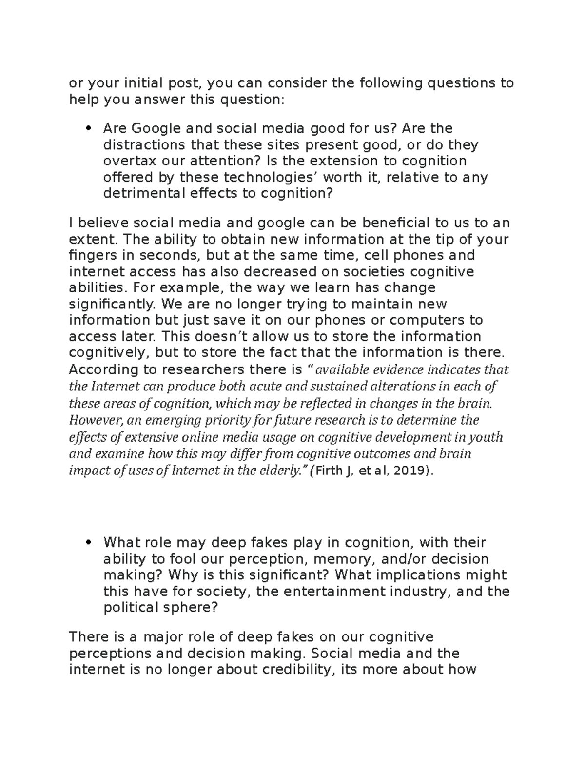 PSY 375 Discussion 8 - or your initial post, you can consider the ...