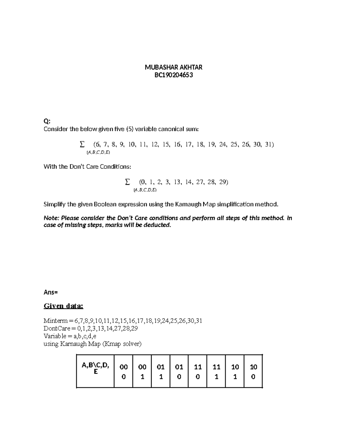 CS302 - MUBASHAR AKHTAR BC Q: Consider the below given five (5) variable canonical sum: ∑ (6, 7 ...