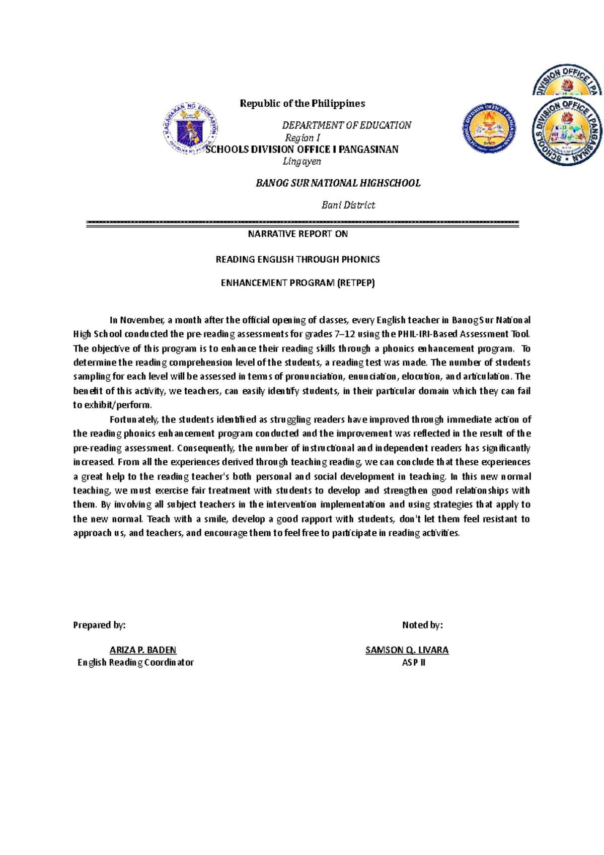 Reading report PAEP (Autosaved) - Republic of the Philippines ...