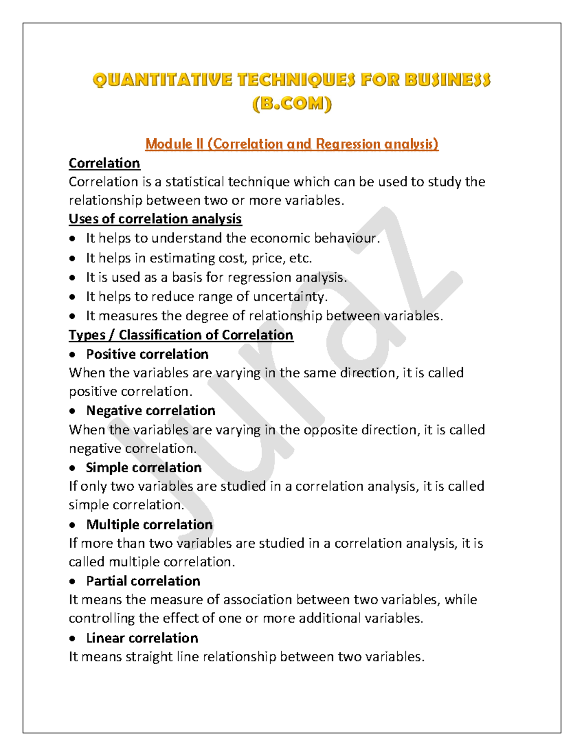 QT-BCOM- Module II- Juraz - Module II (Correlation and Regression analysis) Correlation ...