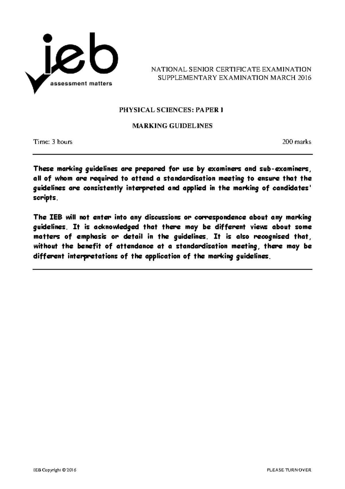 Physics P1 MG Sup 2016 - 2016 IEB matric past paper 1 - NATIONAL SENIOR CERTIFICATE EXAMINATION ...