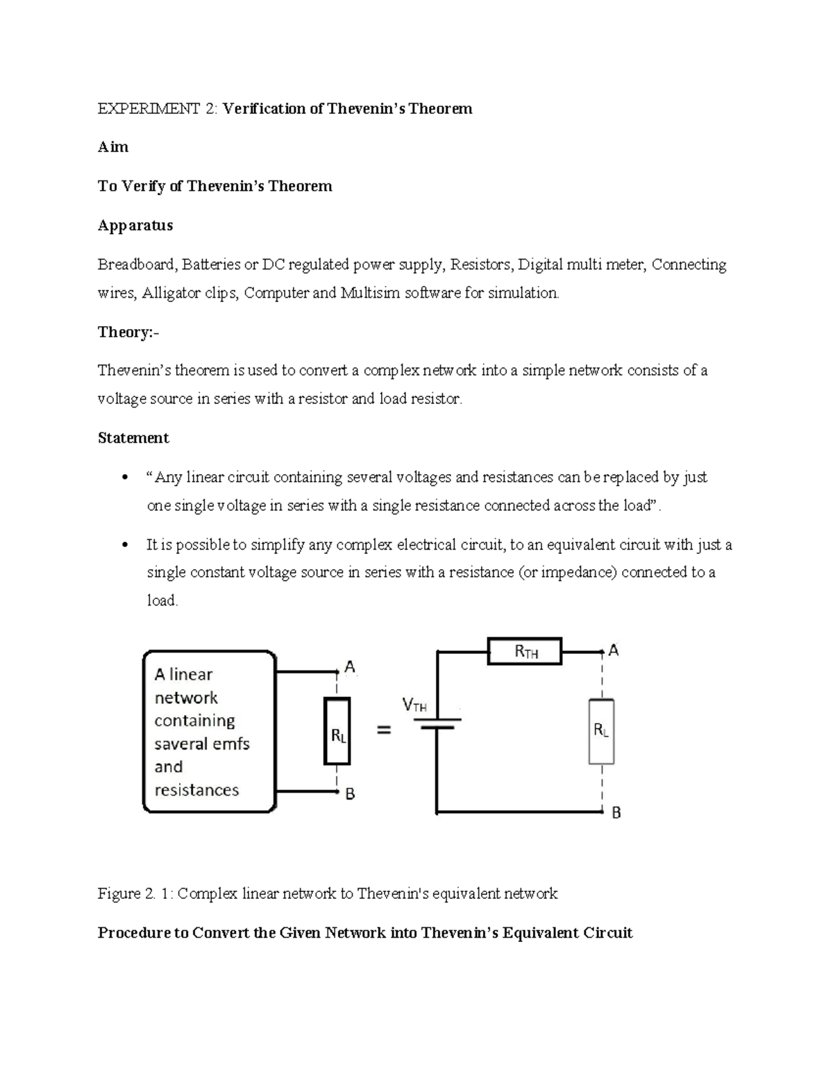 Experiment 1 - thanks - EXPERIMENT 2: Verification of Thevenin’s ...