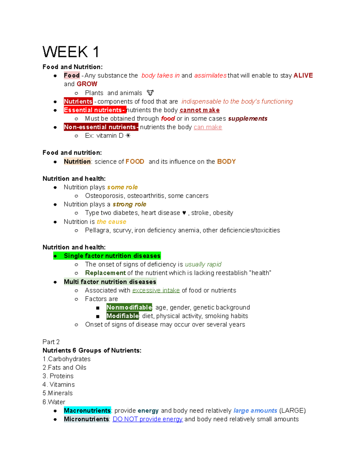 NTR 108 Exam #1 Notes - WEEK 1 Food and Nutrition: Food - Any substance ...