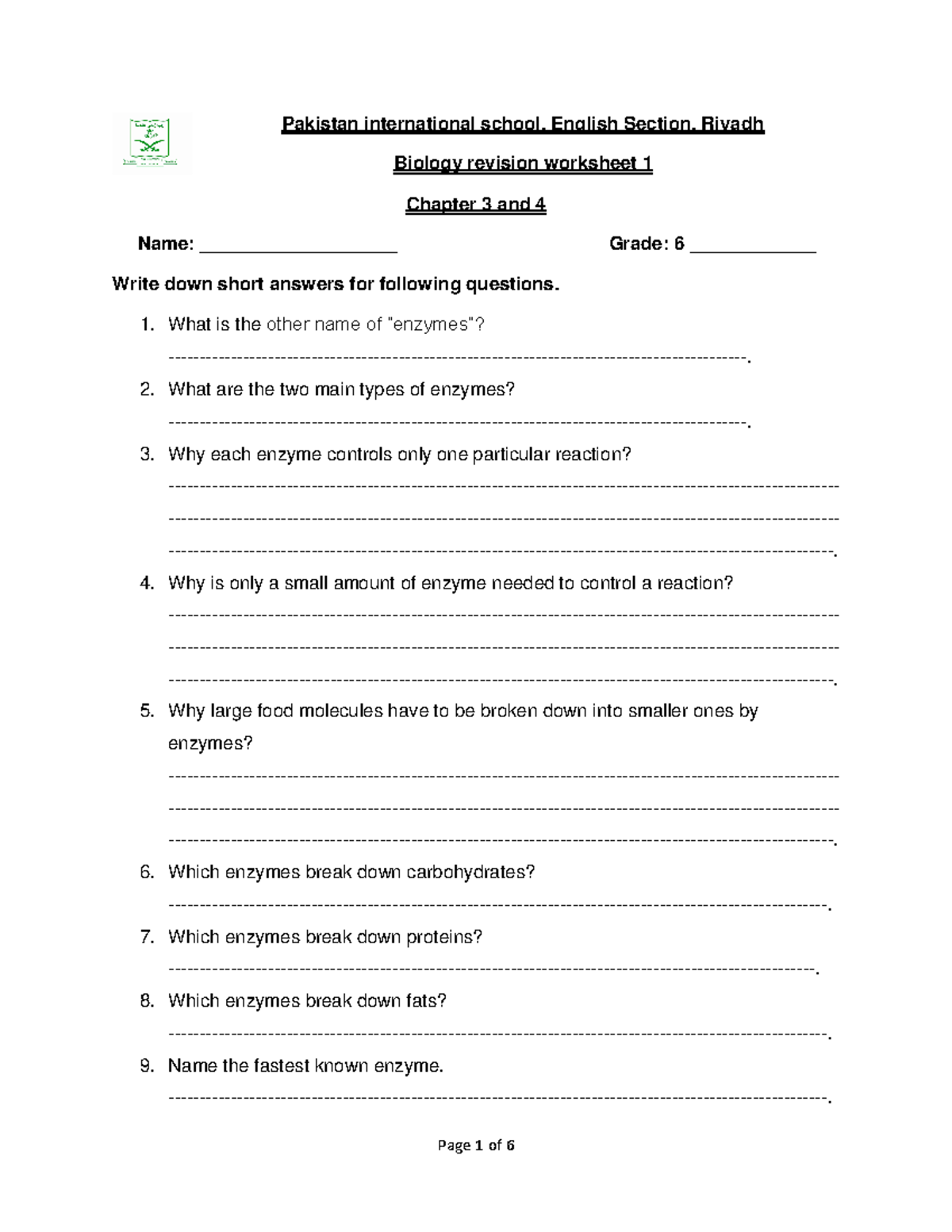 Revision worksheet 1- Grade 6 - Pakistan international school, English ...