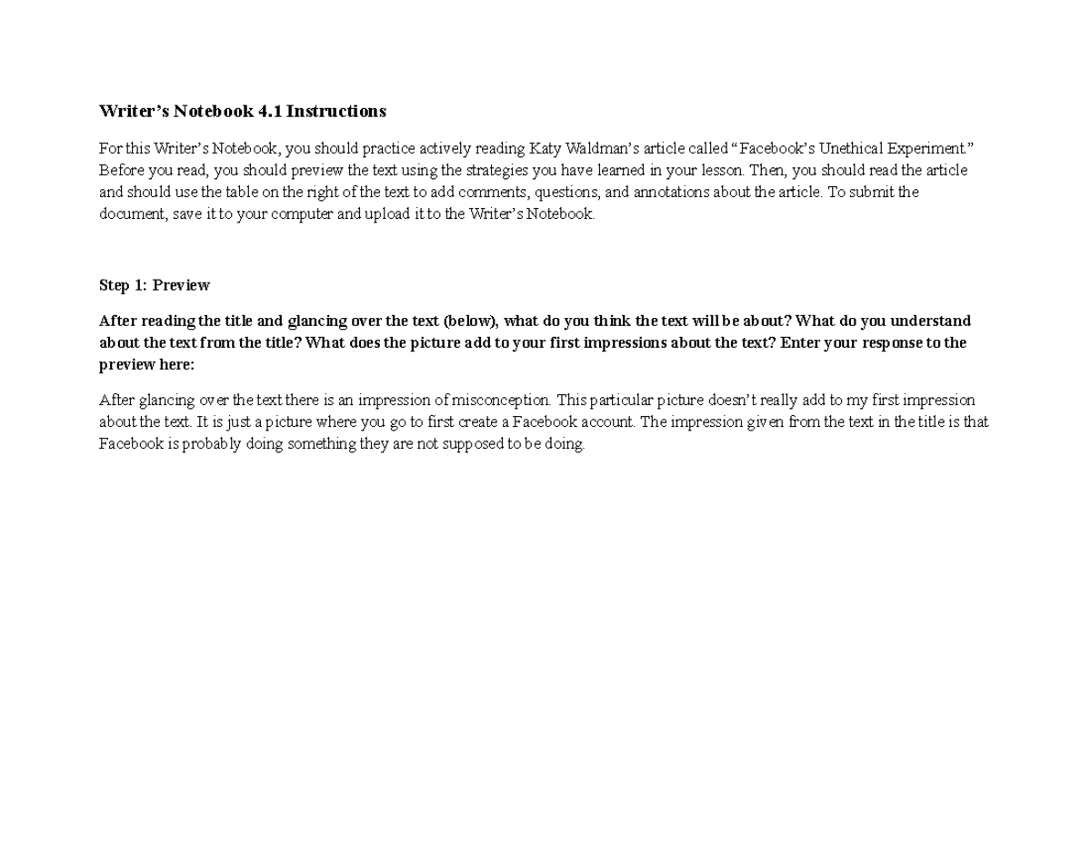 Writers Notebook 4.1 - Writer’s Notebook 4 Instructions For this Writer ...