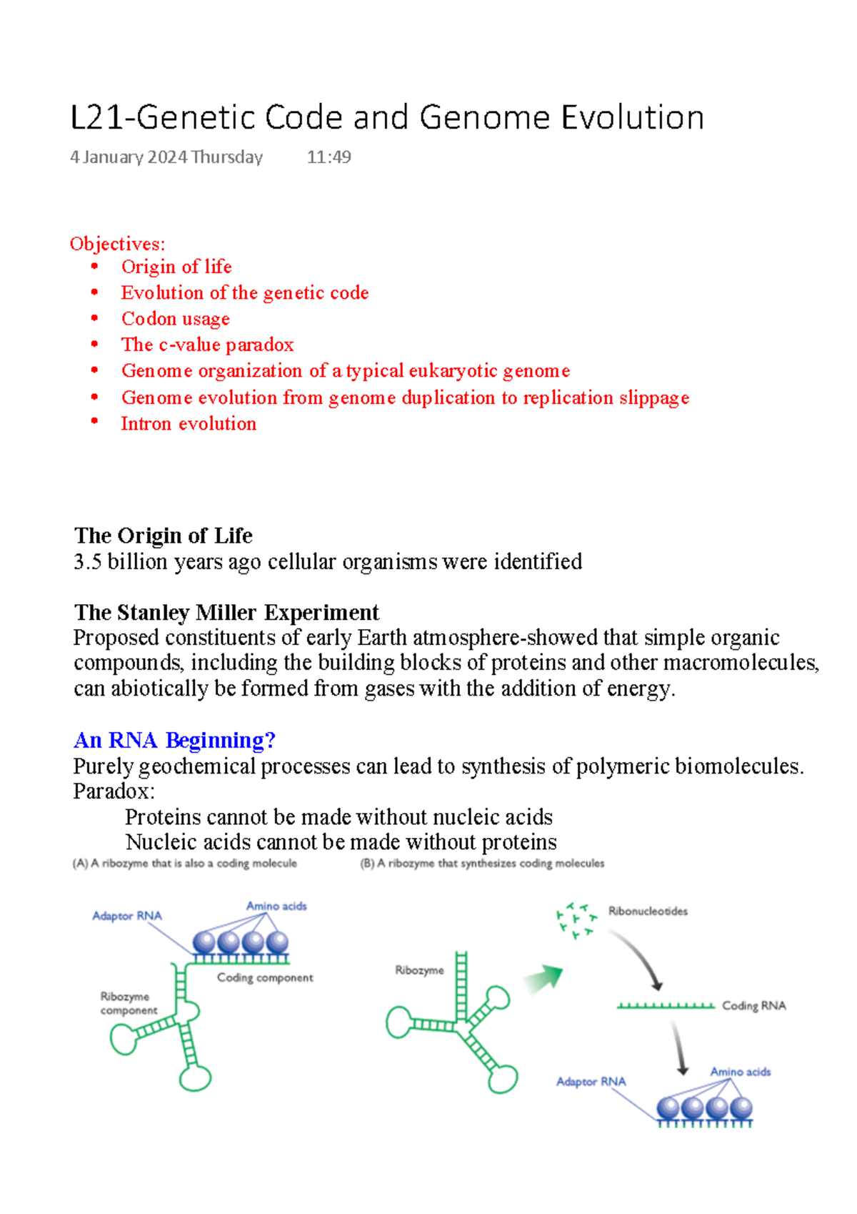 L21-Genetic Code and Genome Evolution - Objectives: - Origin of life ...