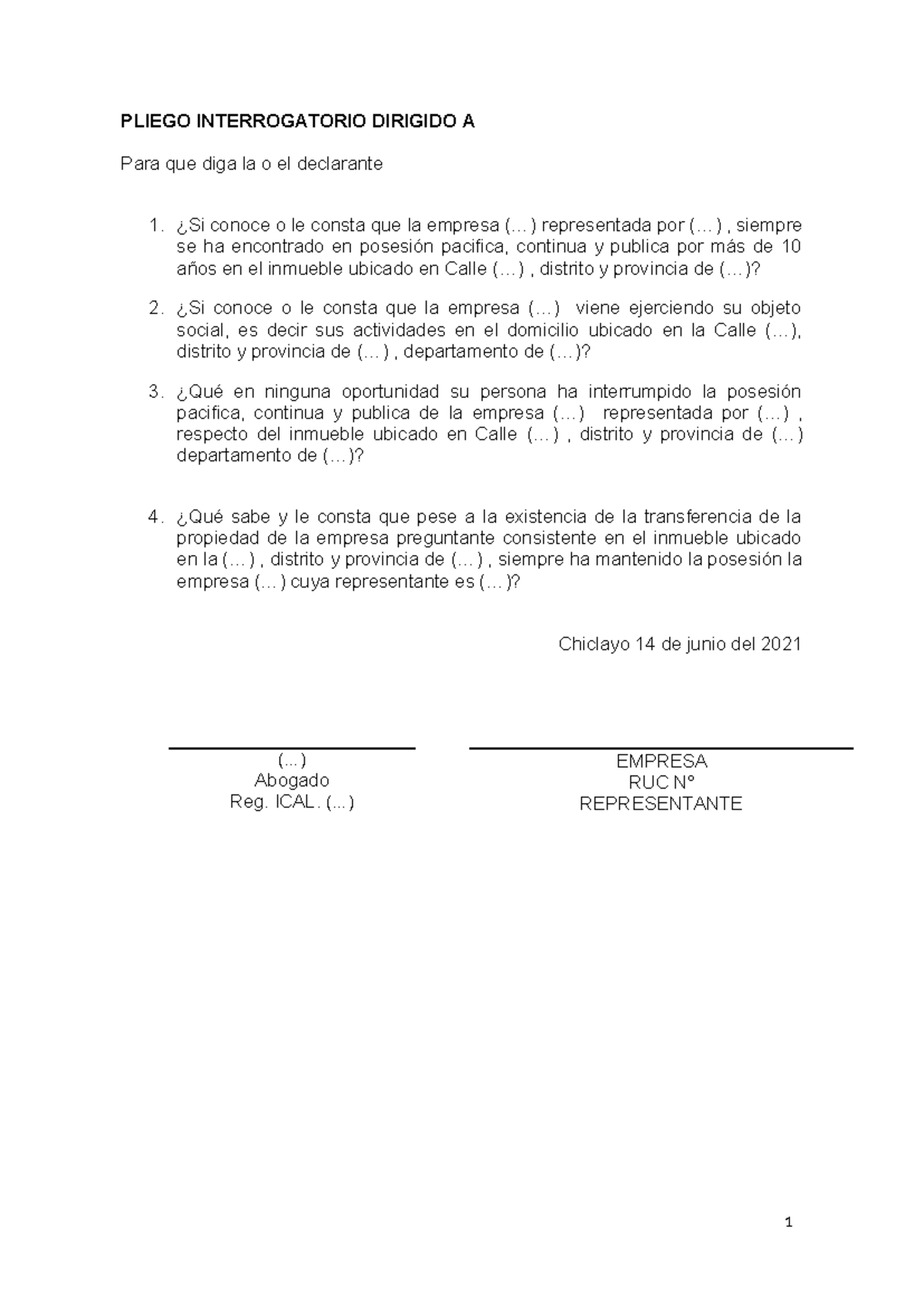 Modelo DE Pliego Interrogatorio DE LA Prescricipon Adquisitva DE UNA ...