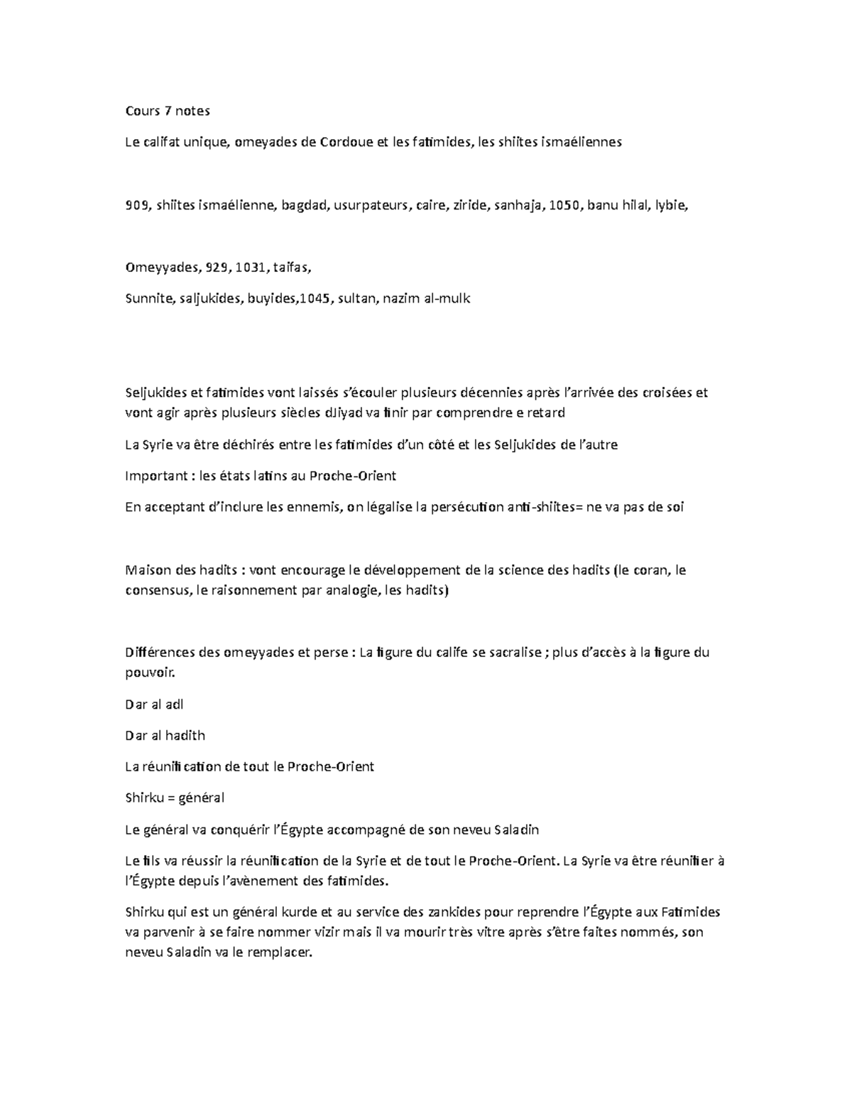 Cours 7 notes - HST1070 - Cours 7 notes Le califat unique, omeyades de ...