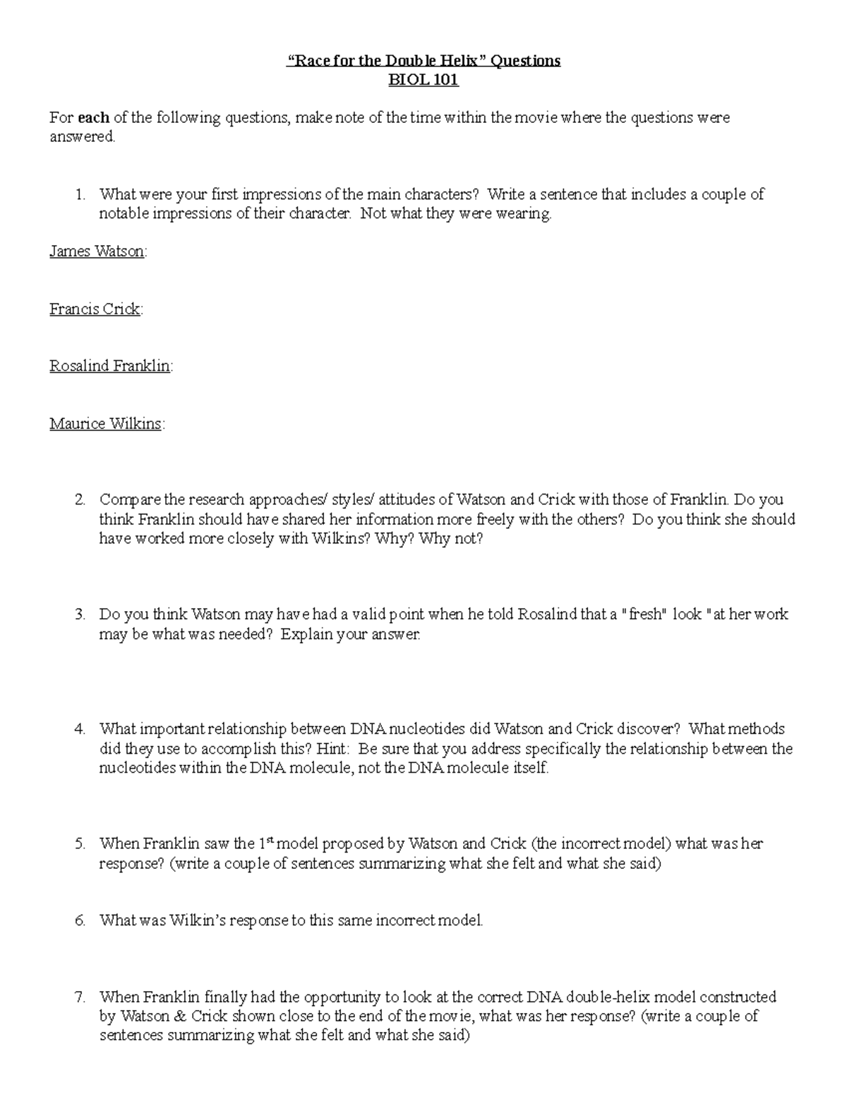 "Race for the Double Helix" Question & Answer - BIOL 2070H - TrentU ...