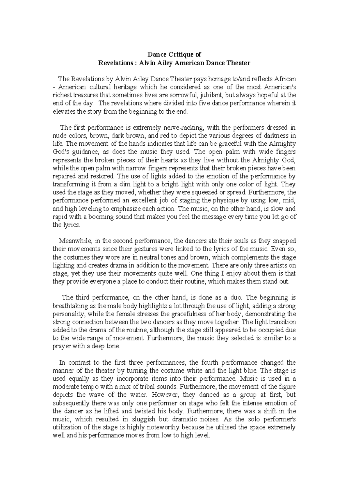 Dance Critique - The revelations where divided into five dance ...