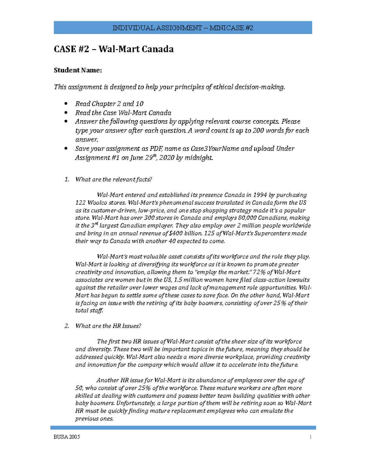 Walmart Canada Case 2 - Case 2 - INDIVIDUAL ASSIGNMENT – MINICASE CASE ...
