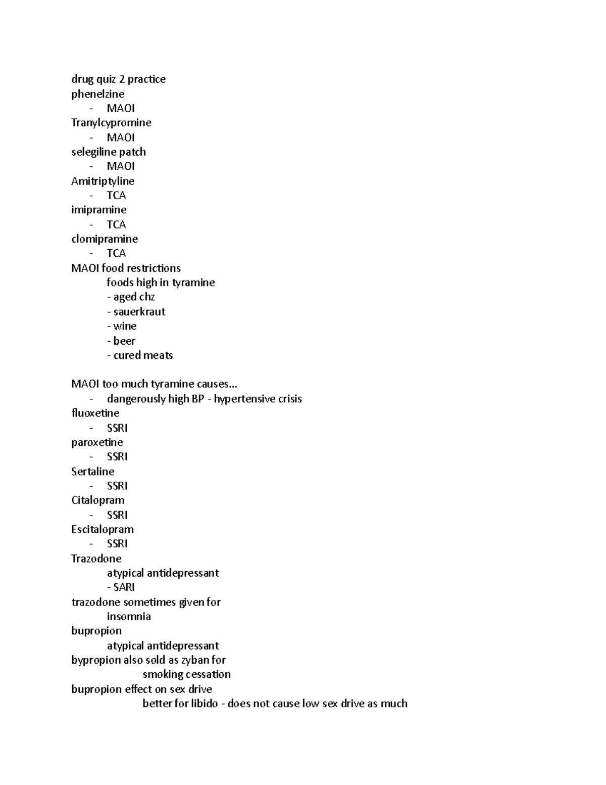 Drug quiz 2 practice - drug quiz 2 antidepressants material key facts ...