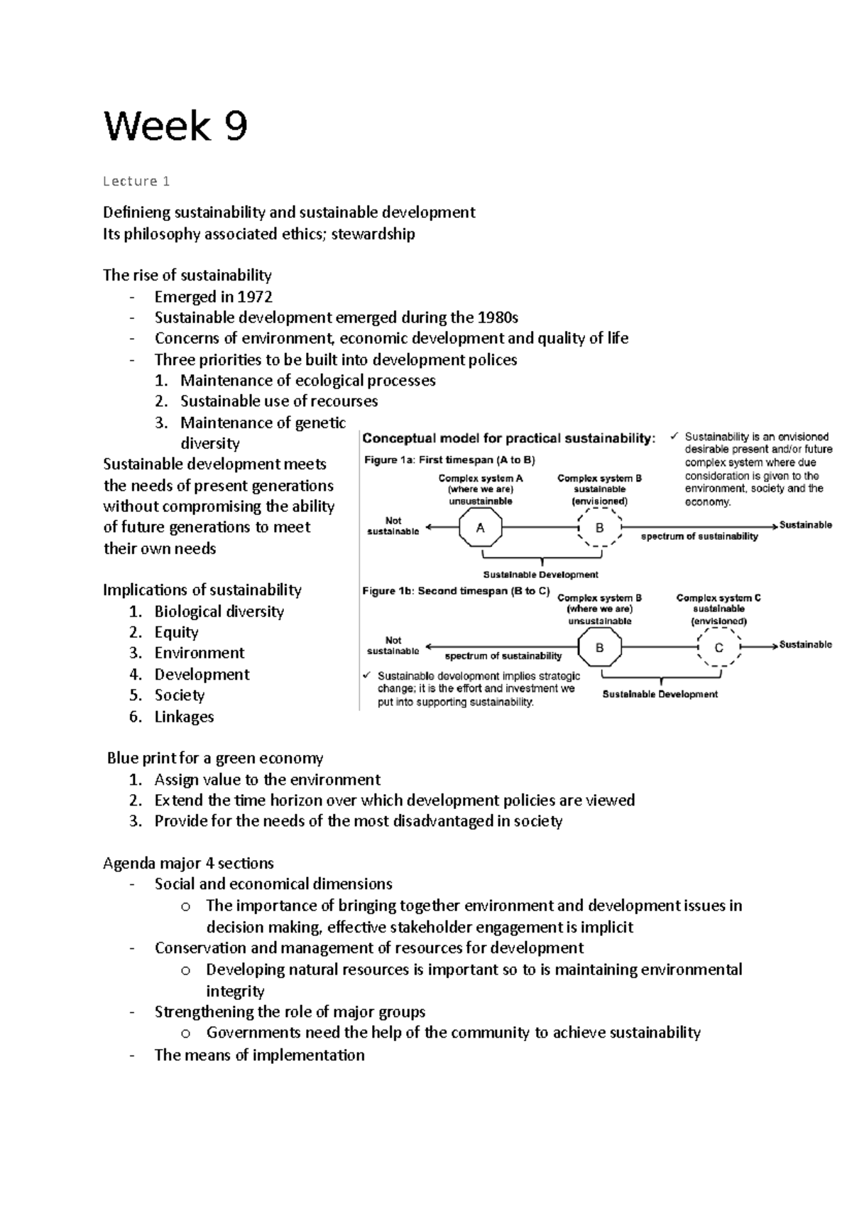 Week 9 - week 9 notes - Week 9 Lecture 1 Definieng sustainability and ...