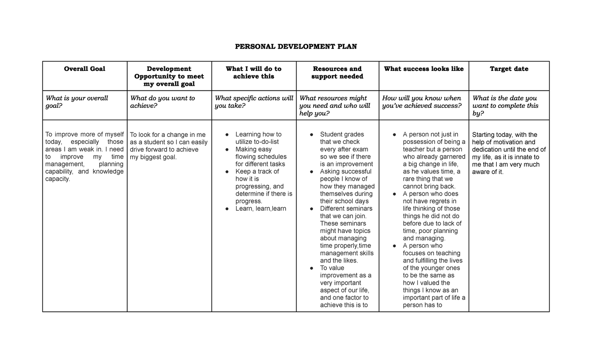 Personal Development PLAN - PERSONAL DEVELOPMENT PLAN Overall Goal ...