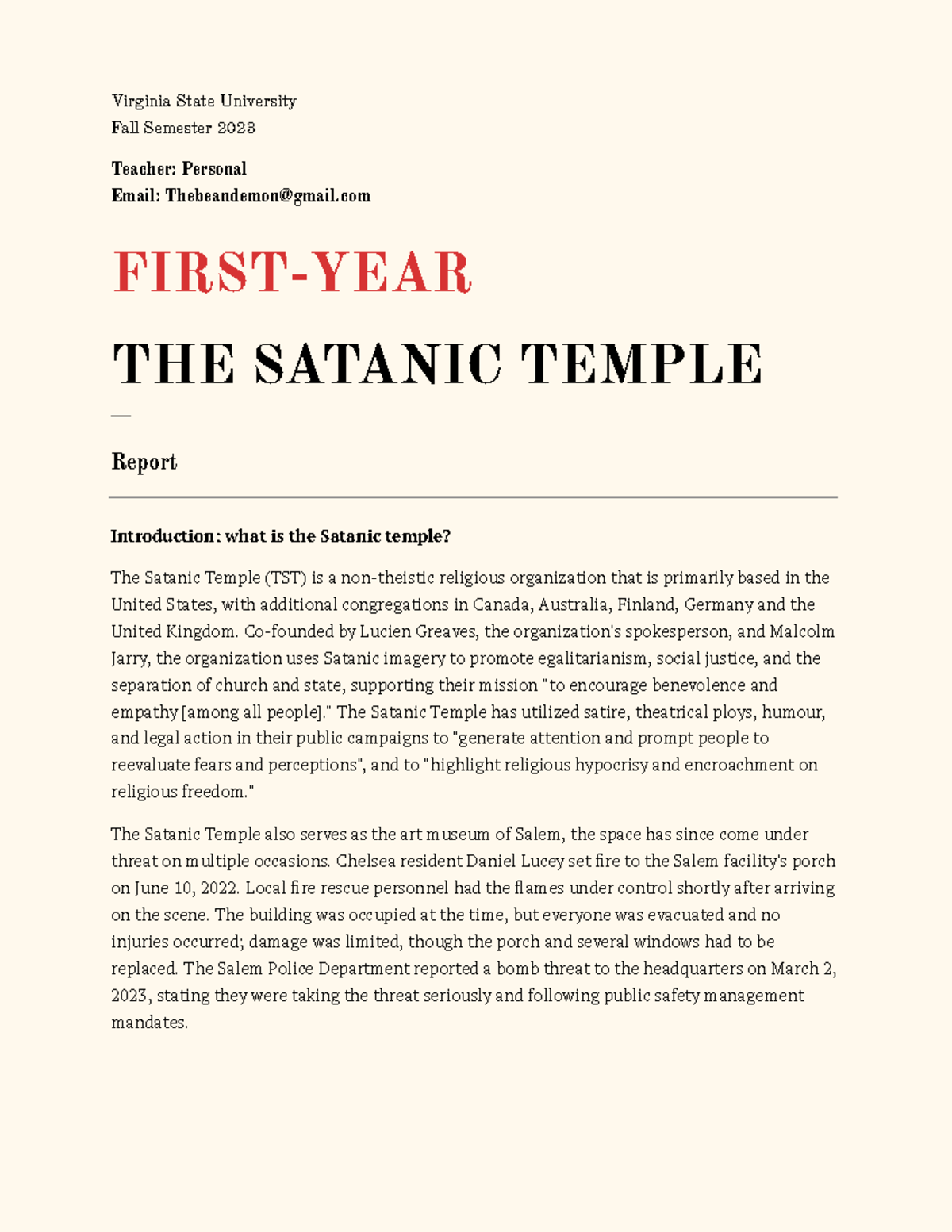 The Satanic Temple - Virginia State University Fall Semester 2023 Teacher: Personal Email: - Studocu